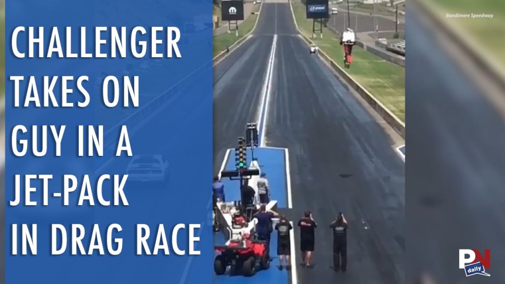 Dodge Challenger Takes On Guy In A Jet-Pack In A Drag Race