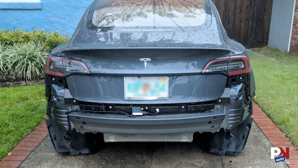 Tesla Loses Rear Bumper After Getting Rained On