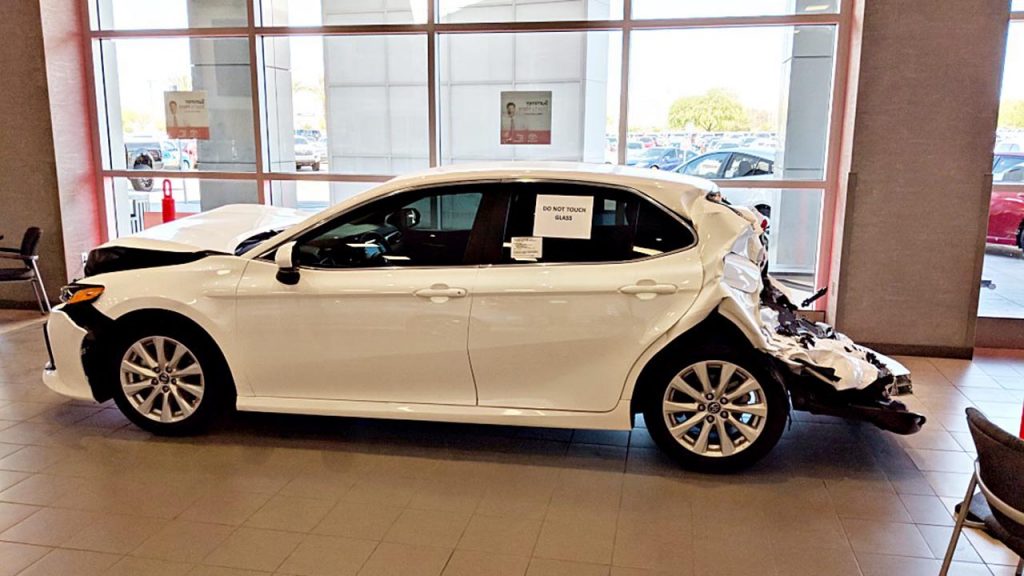 A 2018 Toyota Camry Rear-Ended By Semi-Truck On Display At Dealership